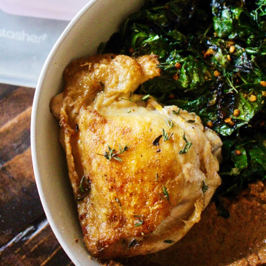 Sous Vide Mustard Chicken with Sautéed Kale Recipe | Stasher